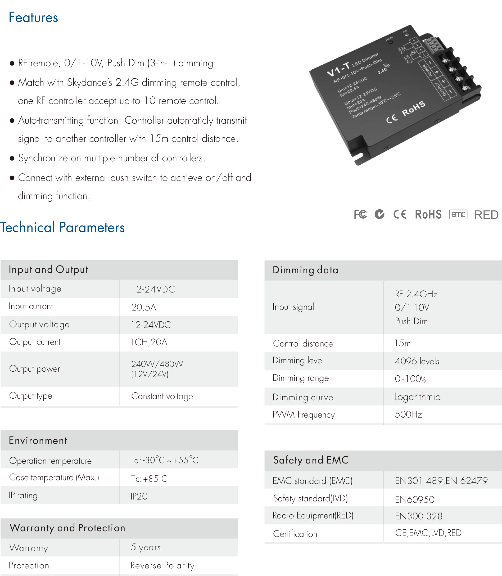 1CH*20A 12-24VDC CV RF& /1-10V&Push-Dim 3 in 1 Dimming Controller V1-T