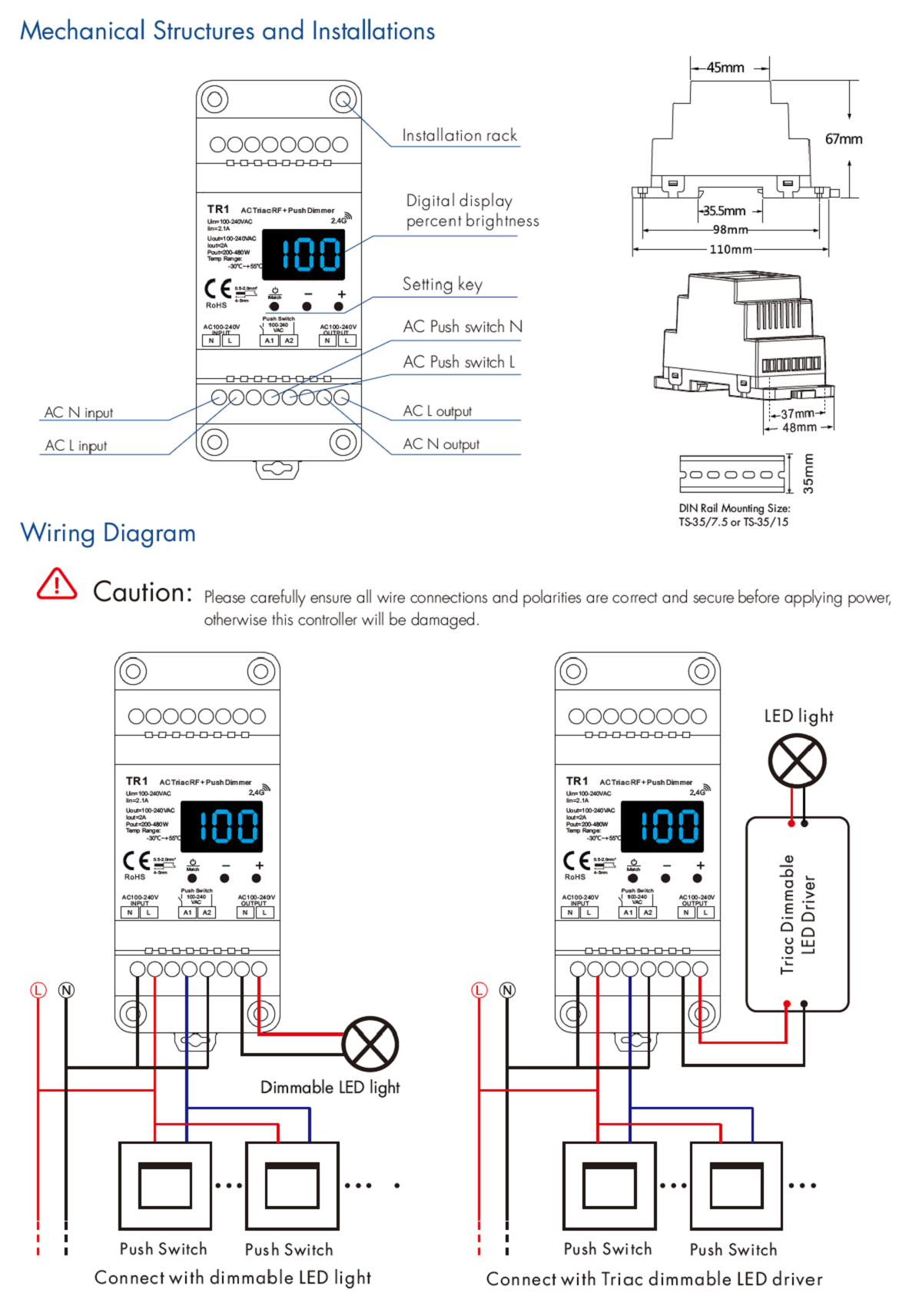 1CH*2A RF + Push AC Phase-cut Dimmer TR1