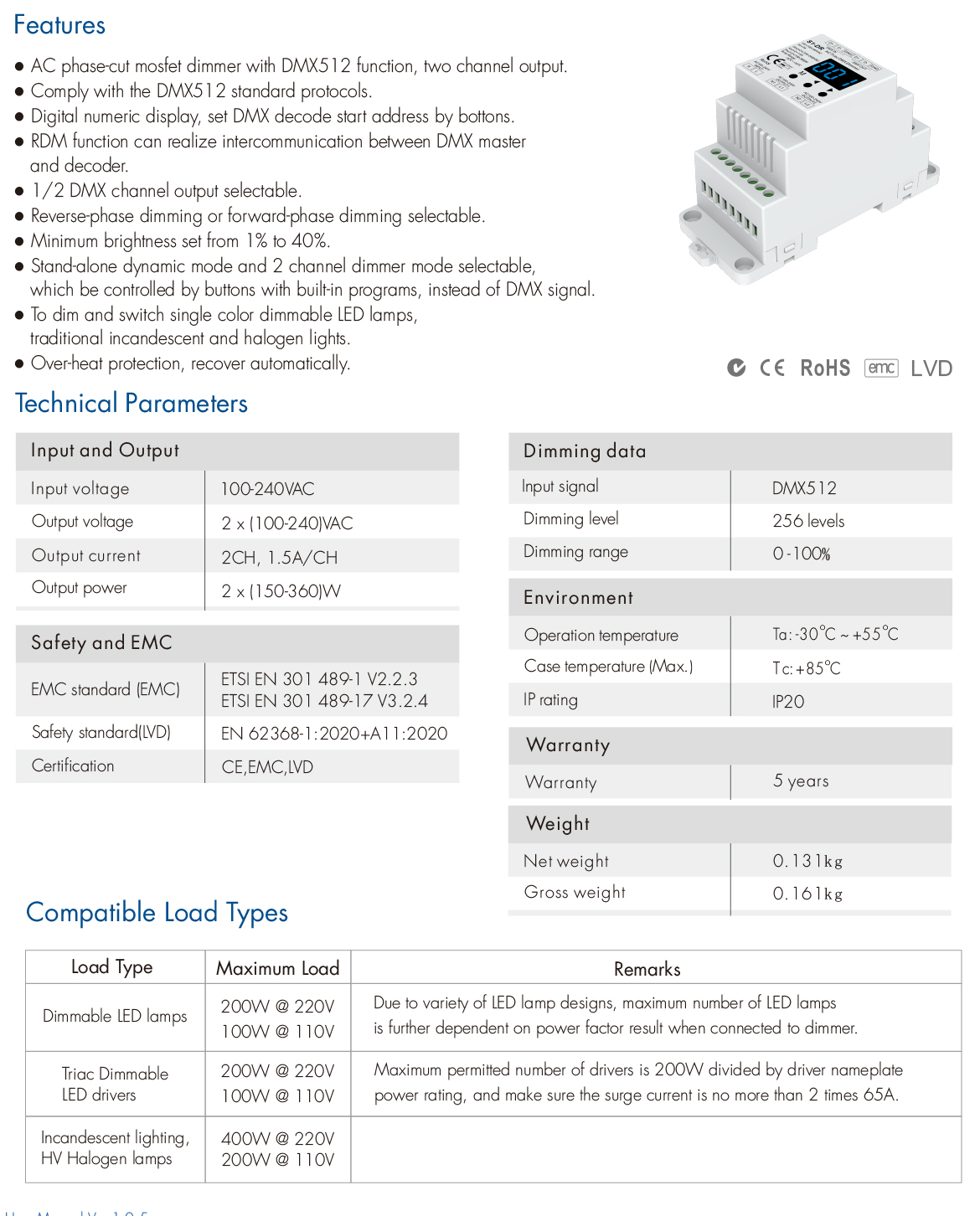 DIN rail AC Triac DMX Dimmer S1-DR