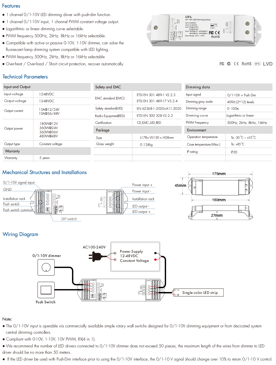 0/1-10V Constant Voltage LED Dimmer LV-L