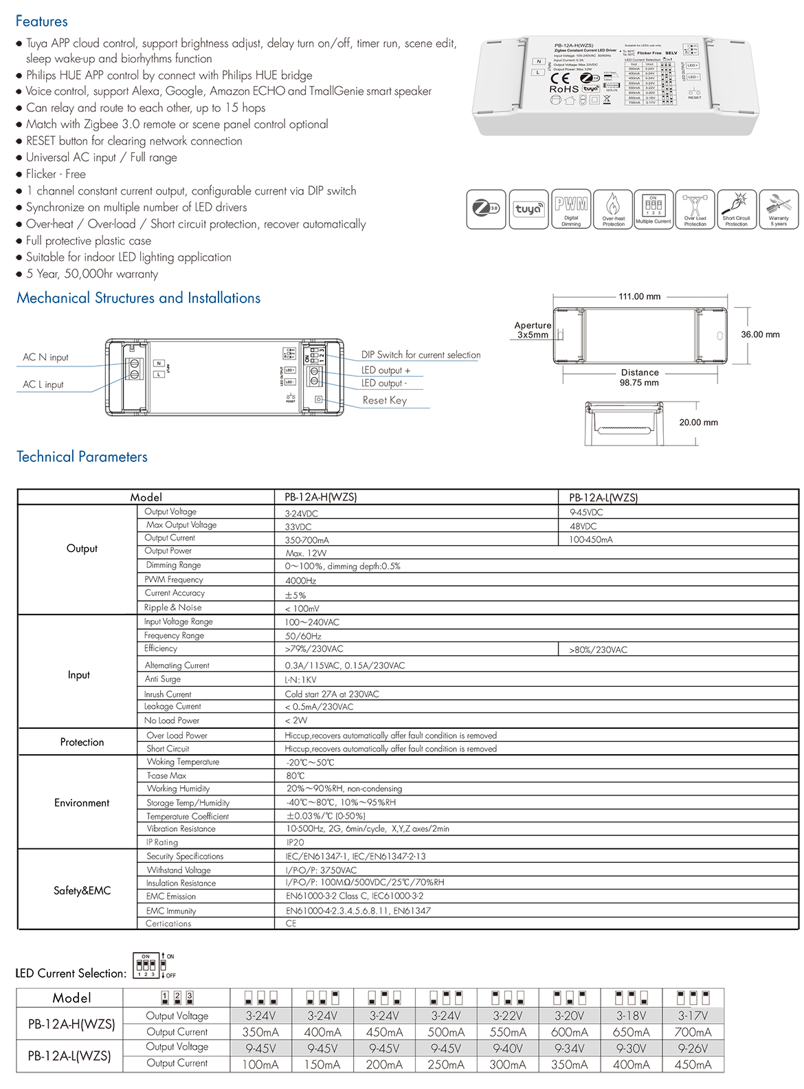 9-45VDC 1CH*(100-450mA) 12W Zigbee Constant Current LED Driver PB-12A-L(WZS)