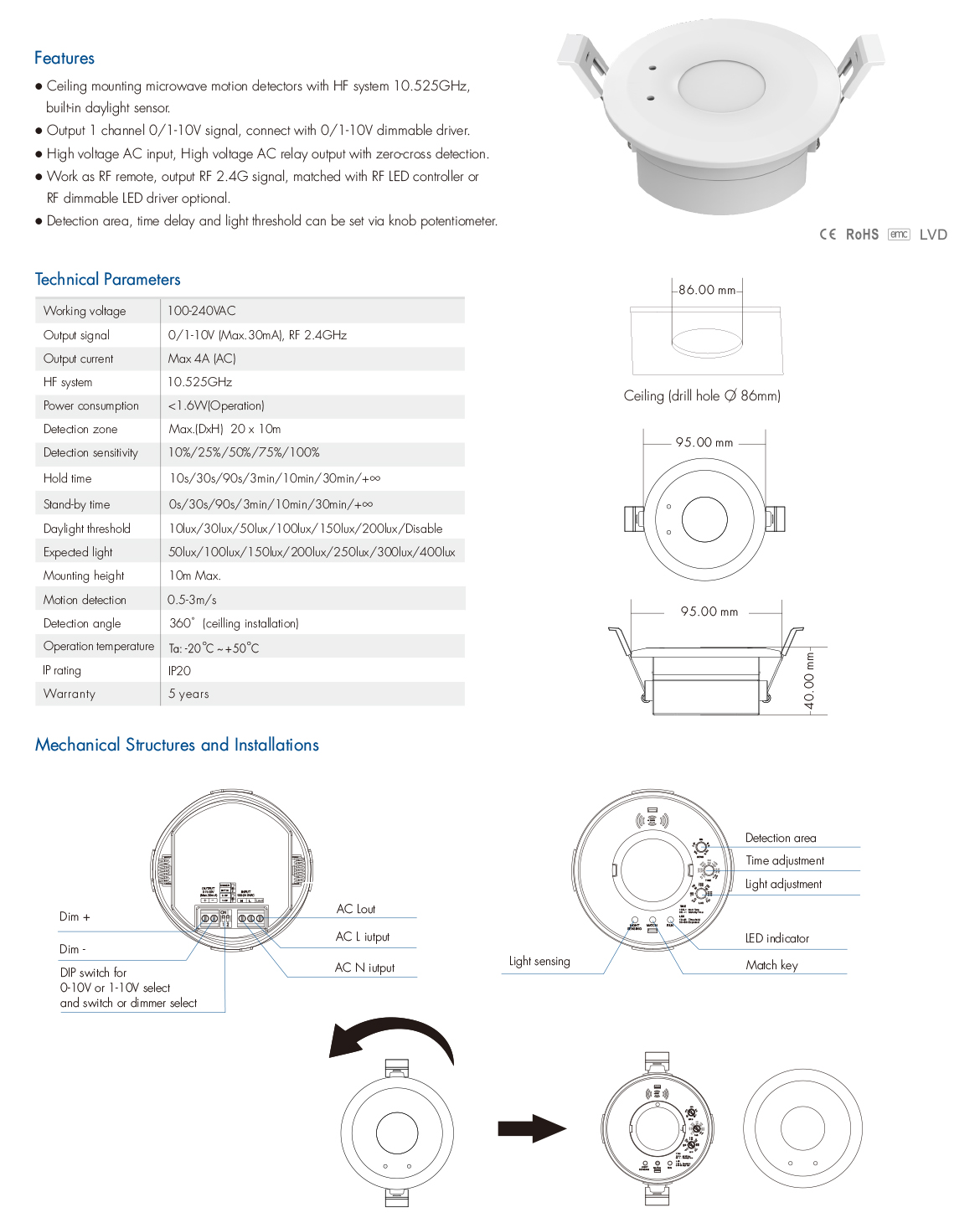 100-240VAC Microwave Induction Dimmer & Switch（RF/0-10V）EH-M