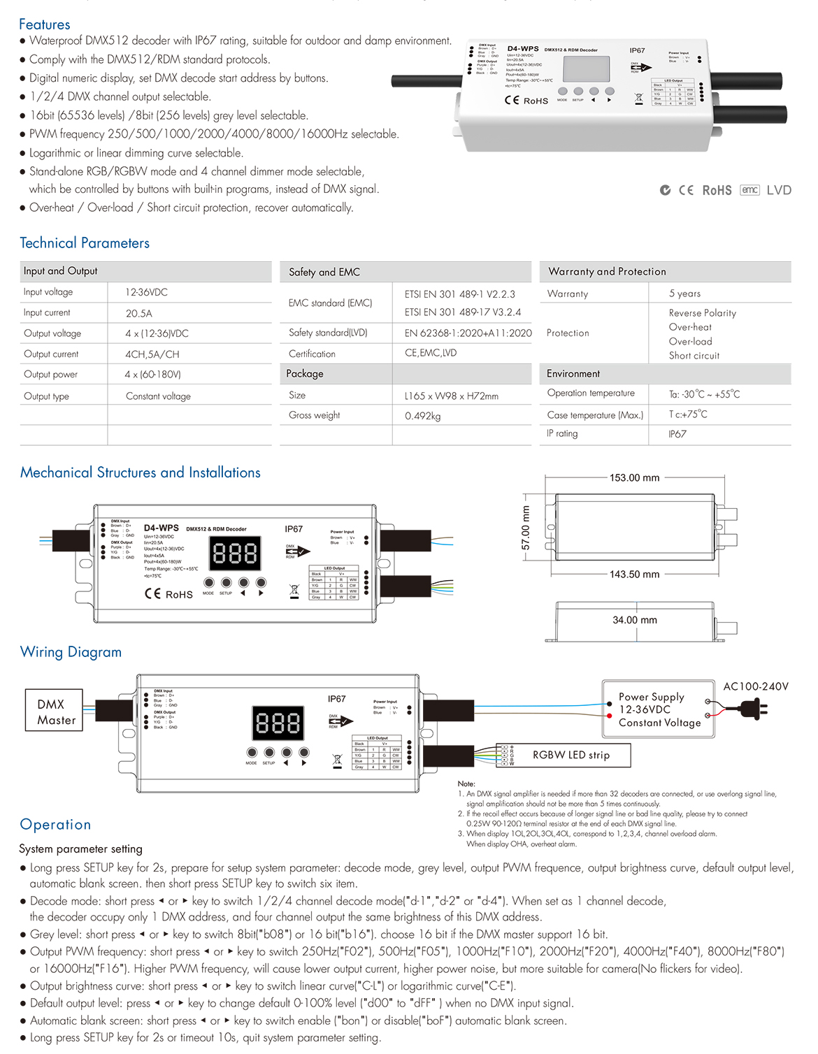 4CH*5A 12-36VDC IP67 Waterproof DMX Decoder D4-WPS