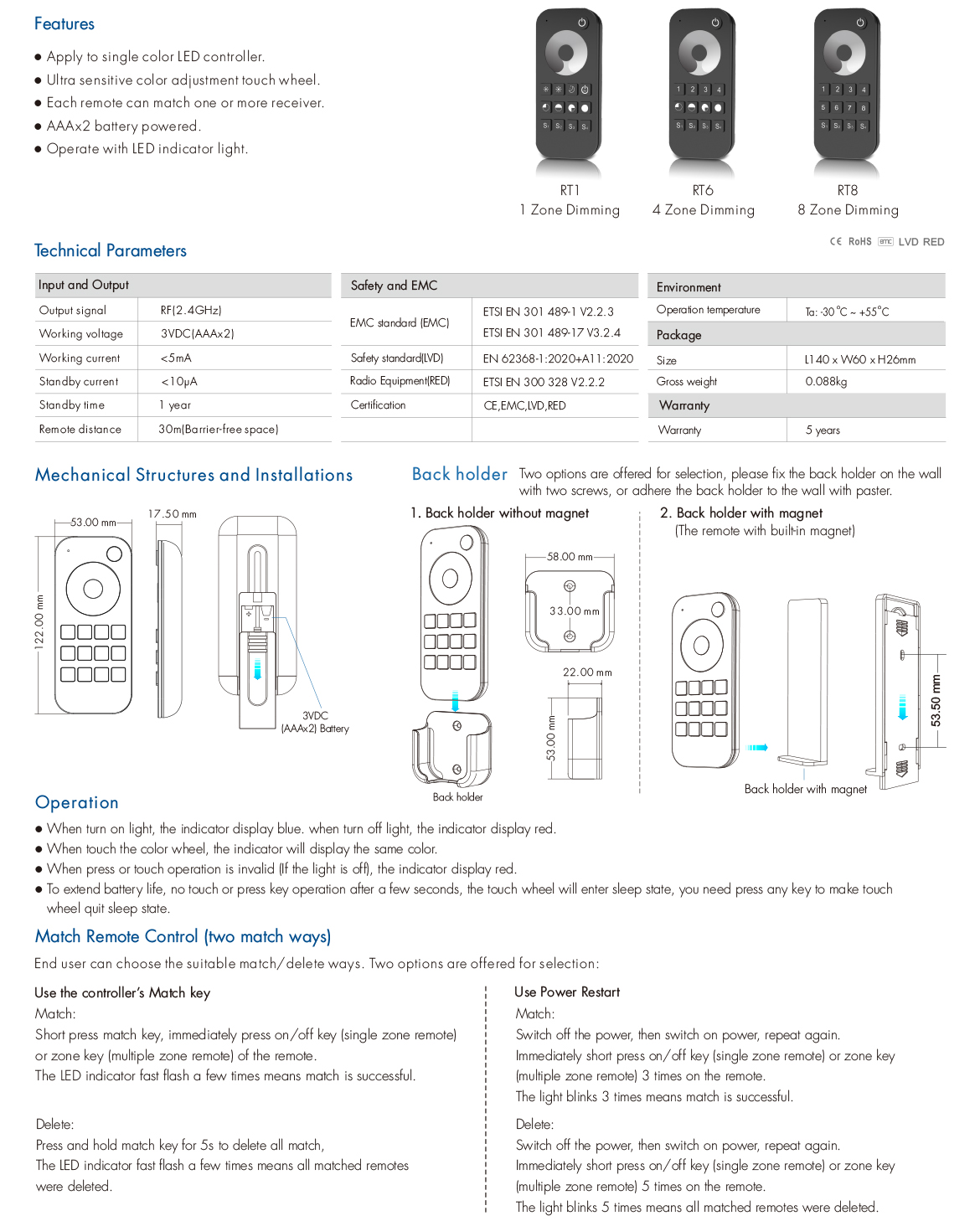 RF 2.4G LED Dimming Remote RT1
