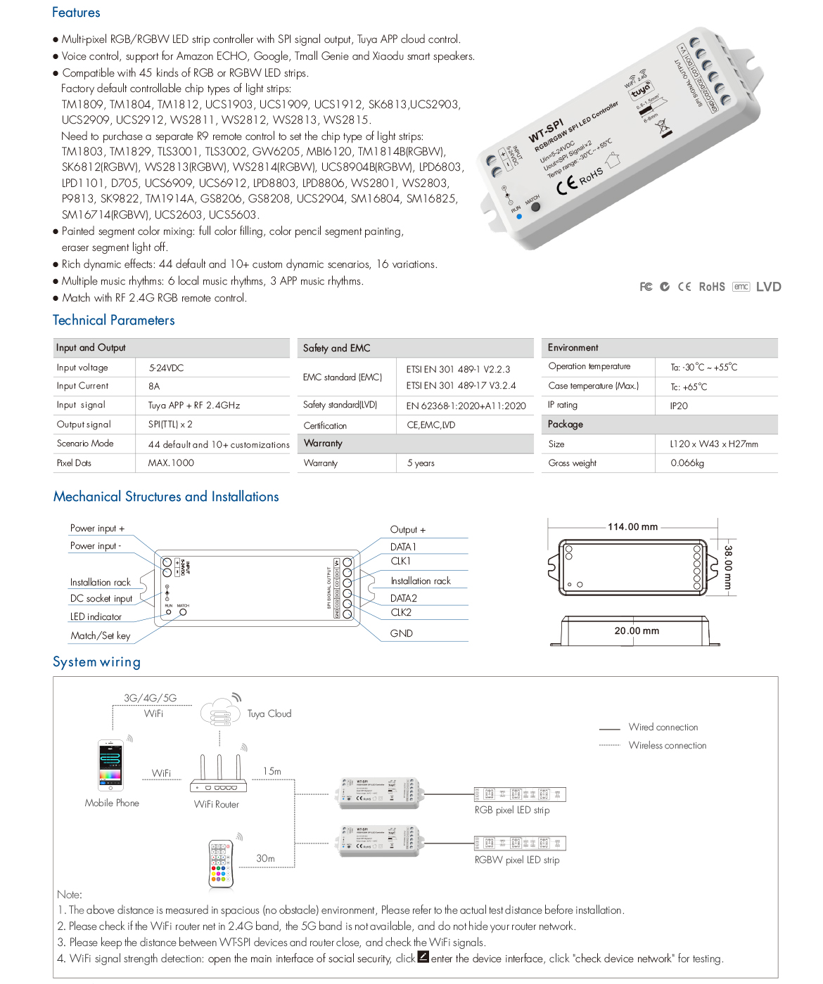 5-24VDC WiFi & RF RGB/RGBW SPI LED Controller WT-SPI (Tuya App)