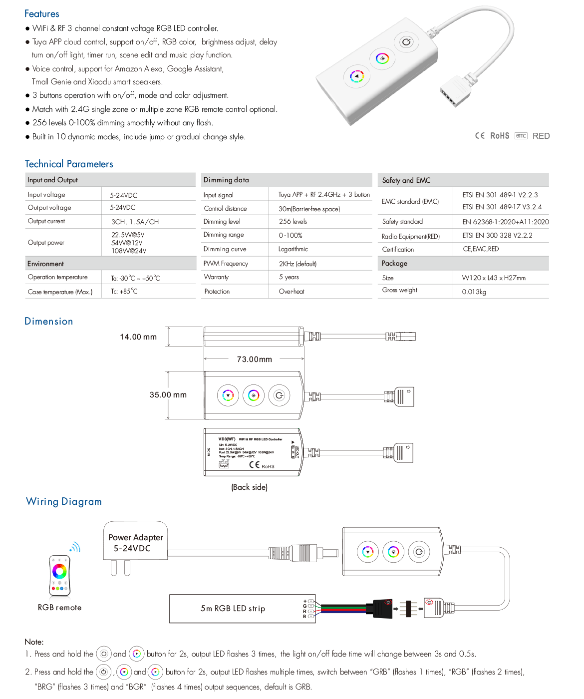 5-24VDC 3CH*1.5A WiFi & RF LED Dimmer Controller VD3(WT) (Tuya App)