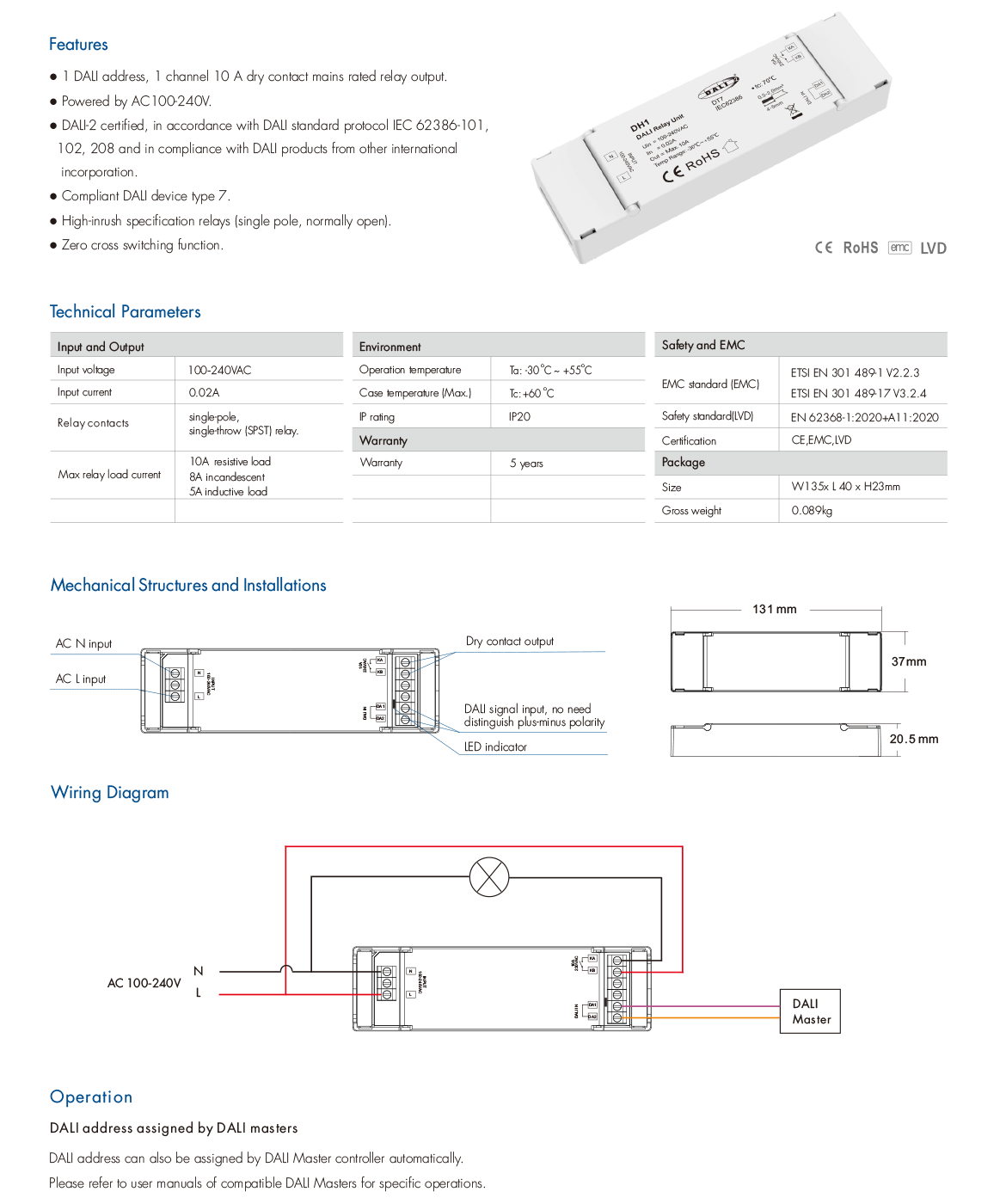 100-240VAC 1CH*10A DALI AC Relay Unit DH1 (DT7)