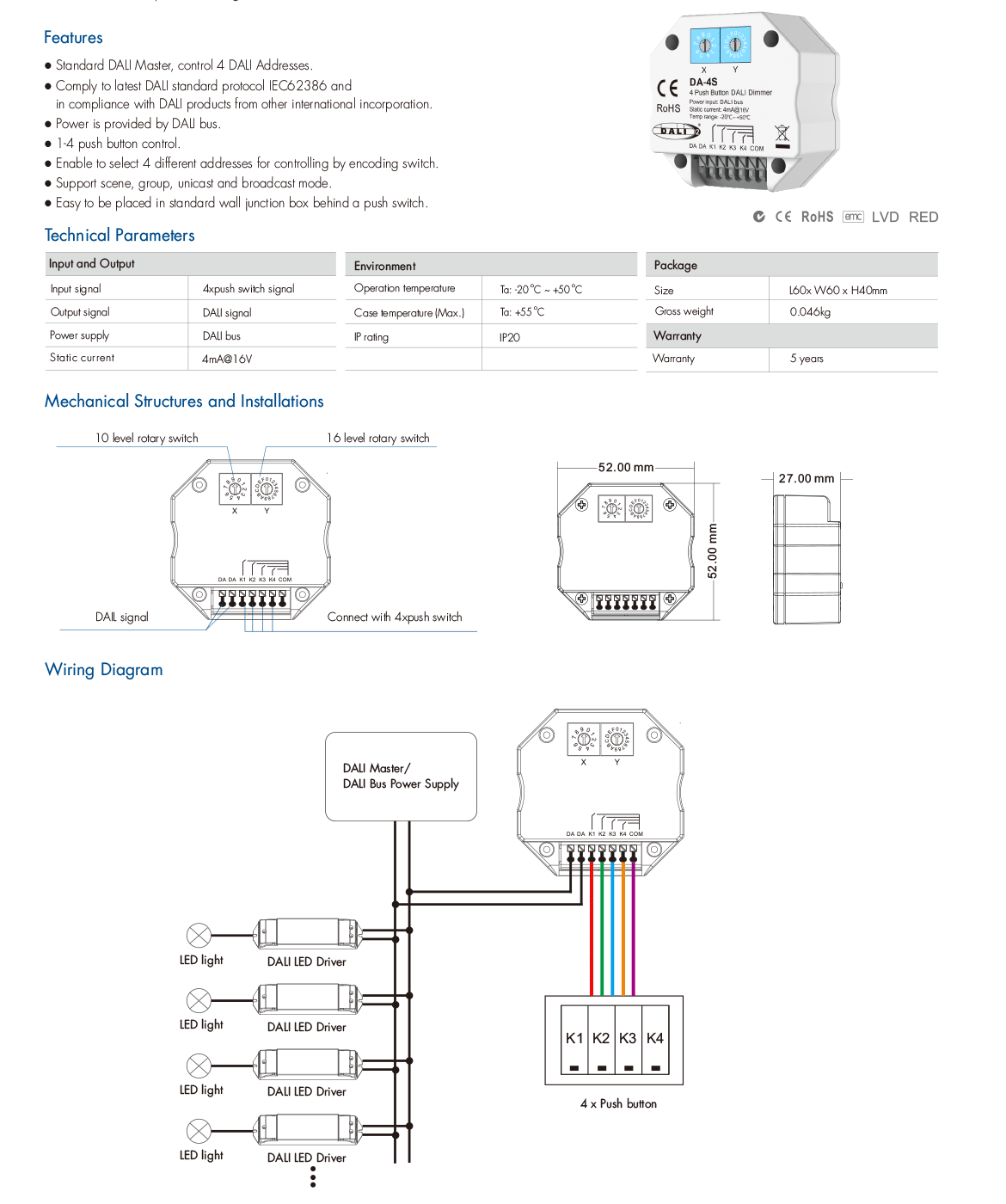 DALI 4 Push Button Dimmer DA-4S