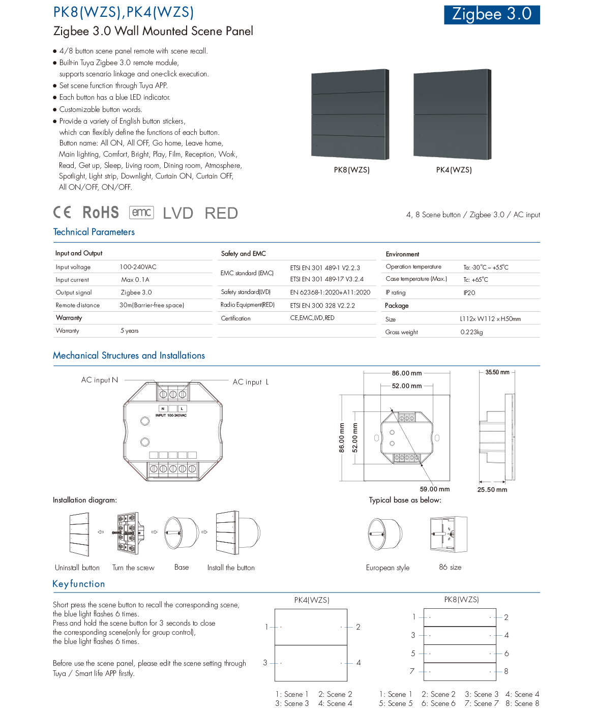 8 Scenes Zigbee Buttun Panel Remote (100-240VAC Input) PK8(WZS)