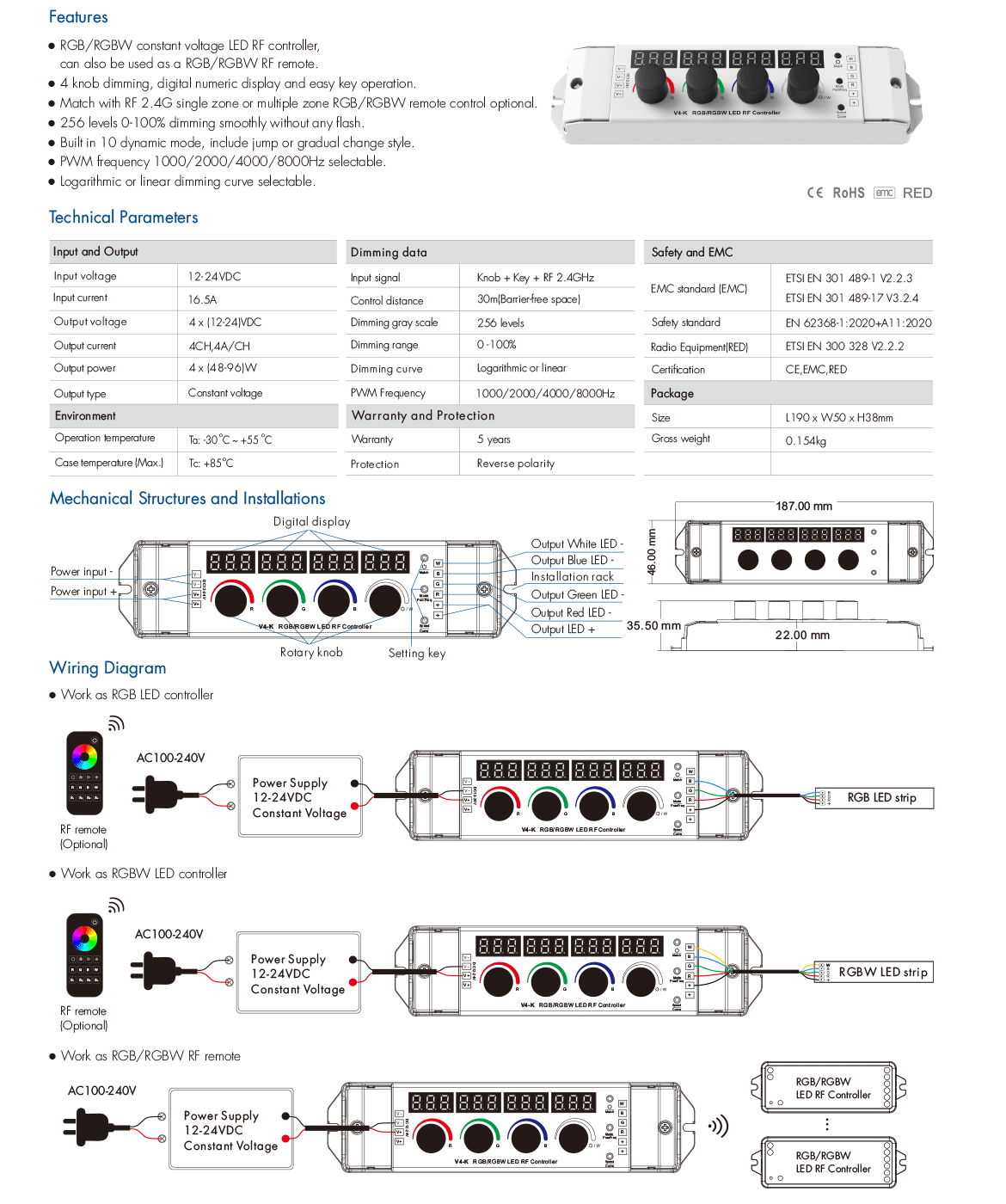 4CH*4A 12-24VDC CV 4 Knob RGBW Controller V4-K