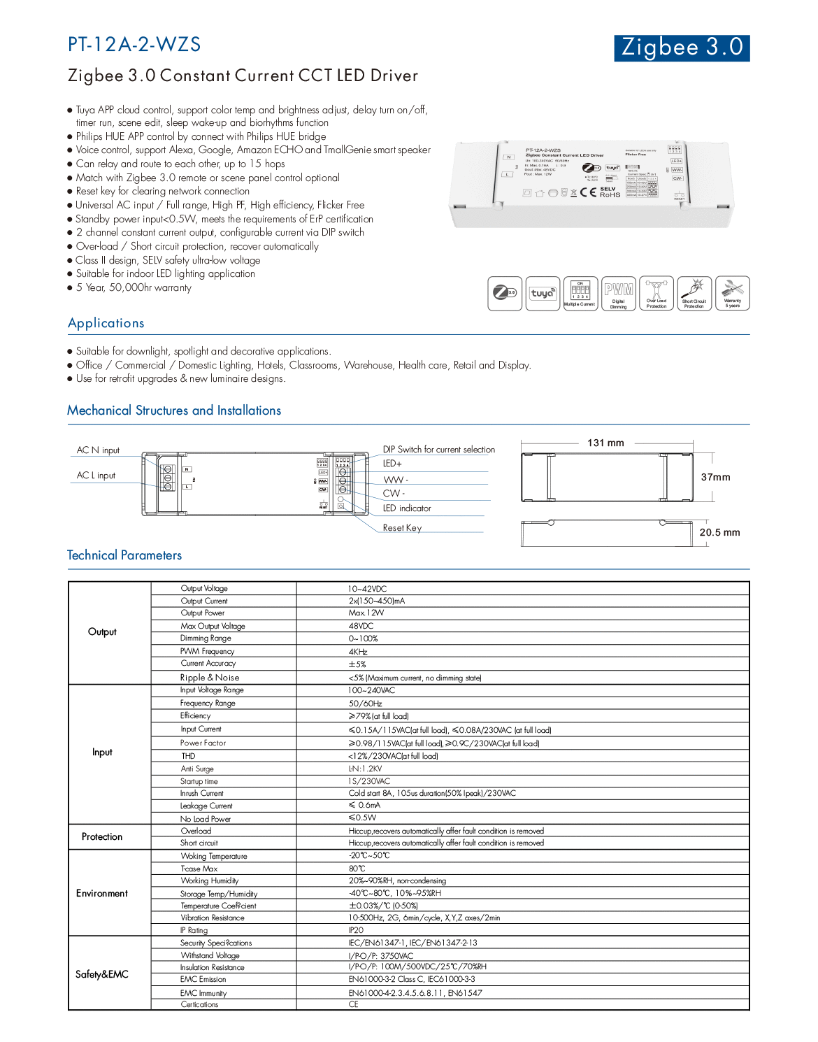 10-42VDC 2CH*(150-450mA) 12W Zigbee CCT Constant Current LED Driver PT-12A-2-WZS