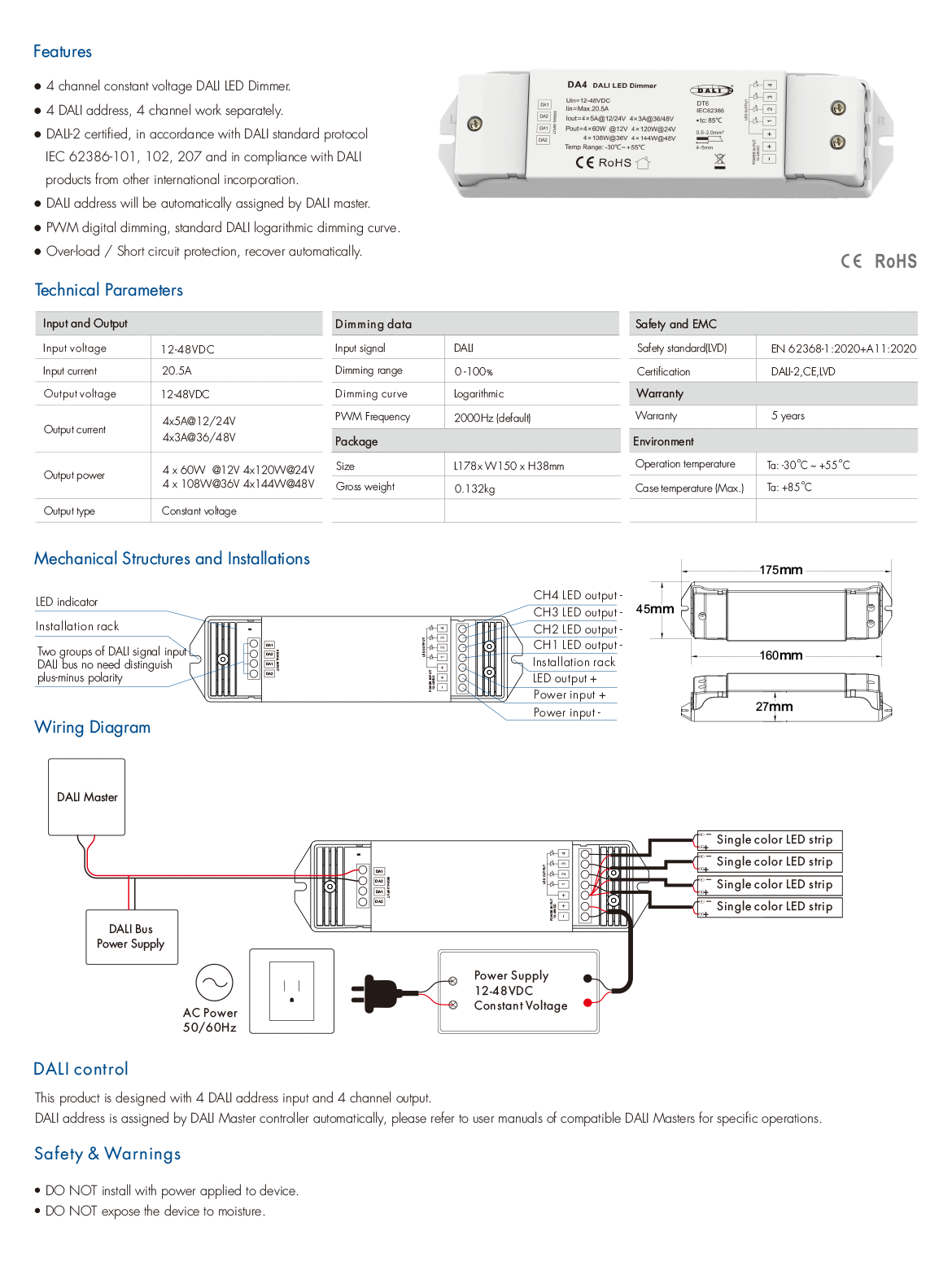 4CH*5A 12-24VDC CV DALI Dimmer DA4