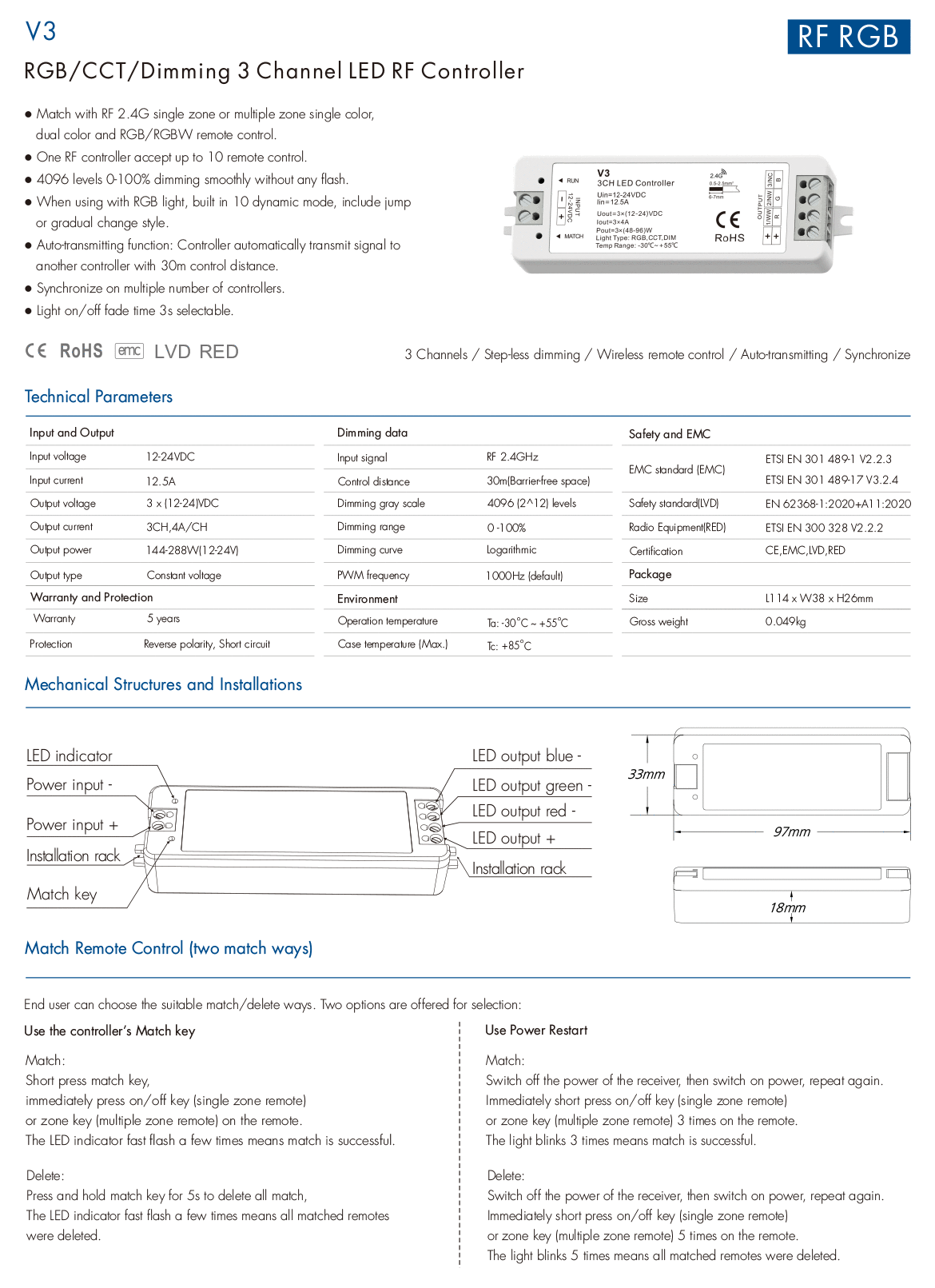 3CH Constant Voltage RF 2.4G Receiver Model:V3