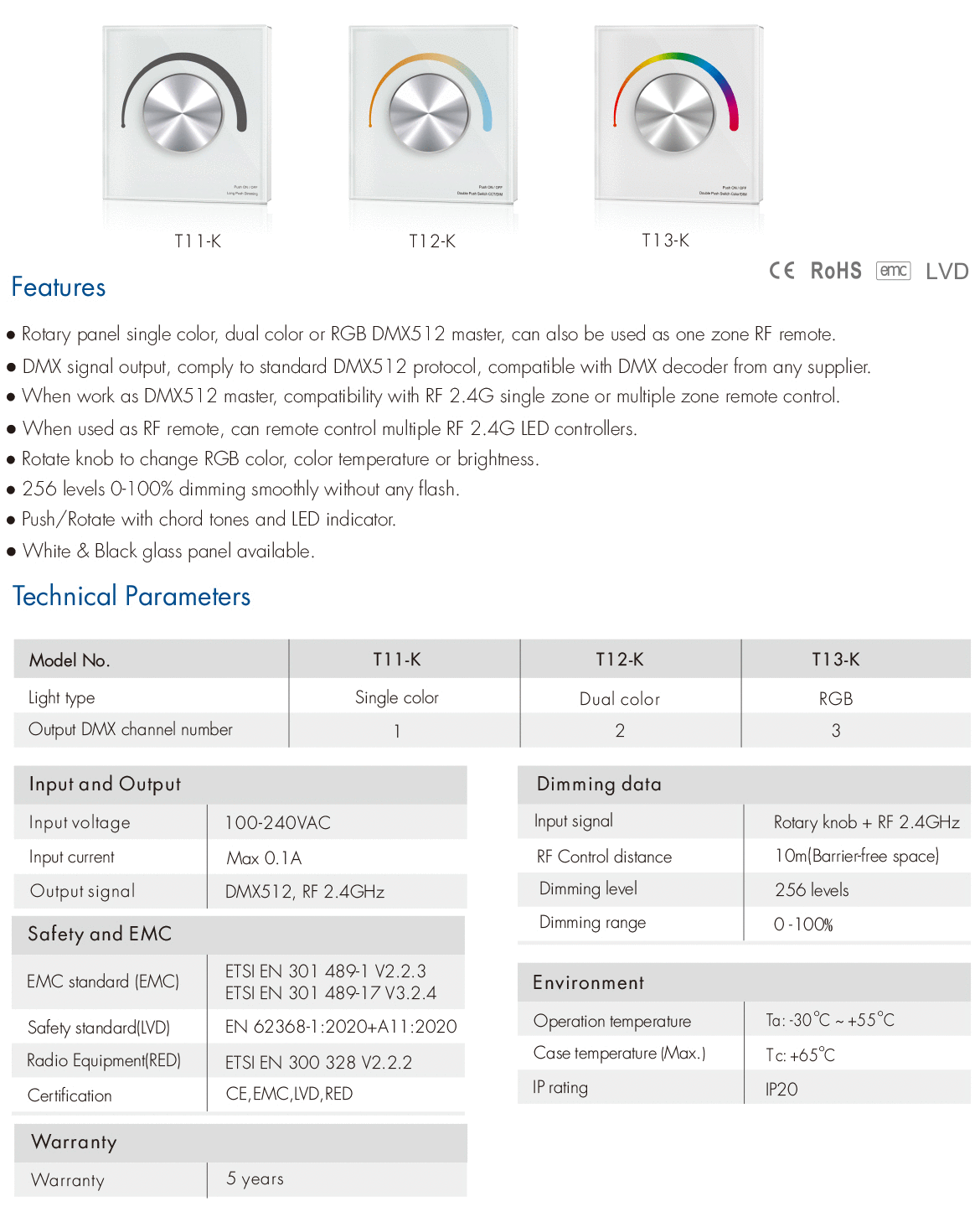 100-240VAC 1 Zone Dimming Wall Mounted Rotary Panel T11-K
