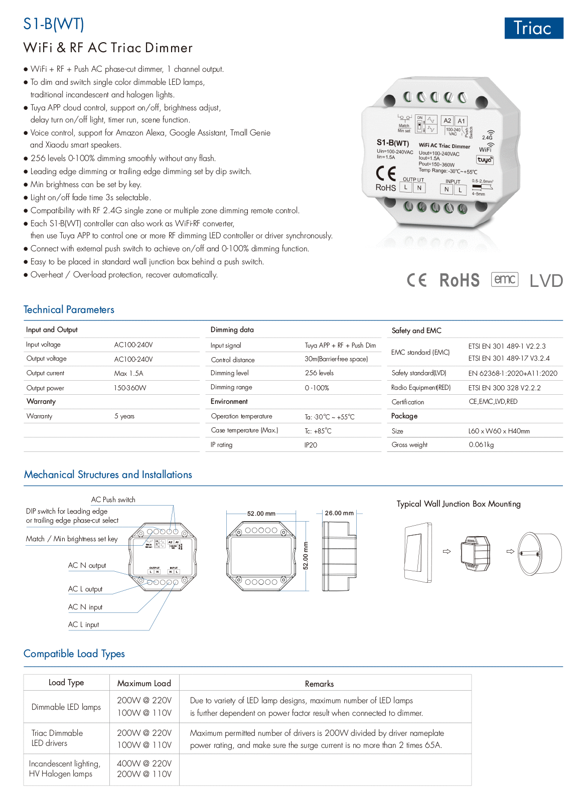 1CH*1.5A WiFi-RF+Push AC Phase-cut Dimmer S1-B(WT)