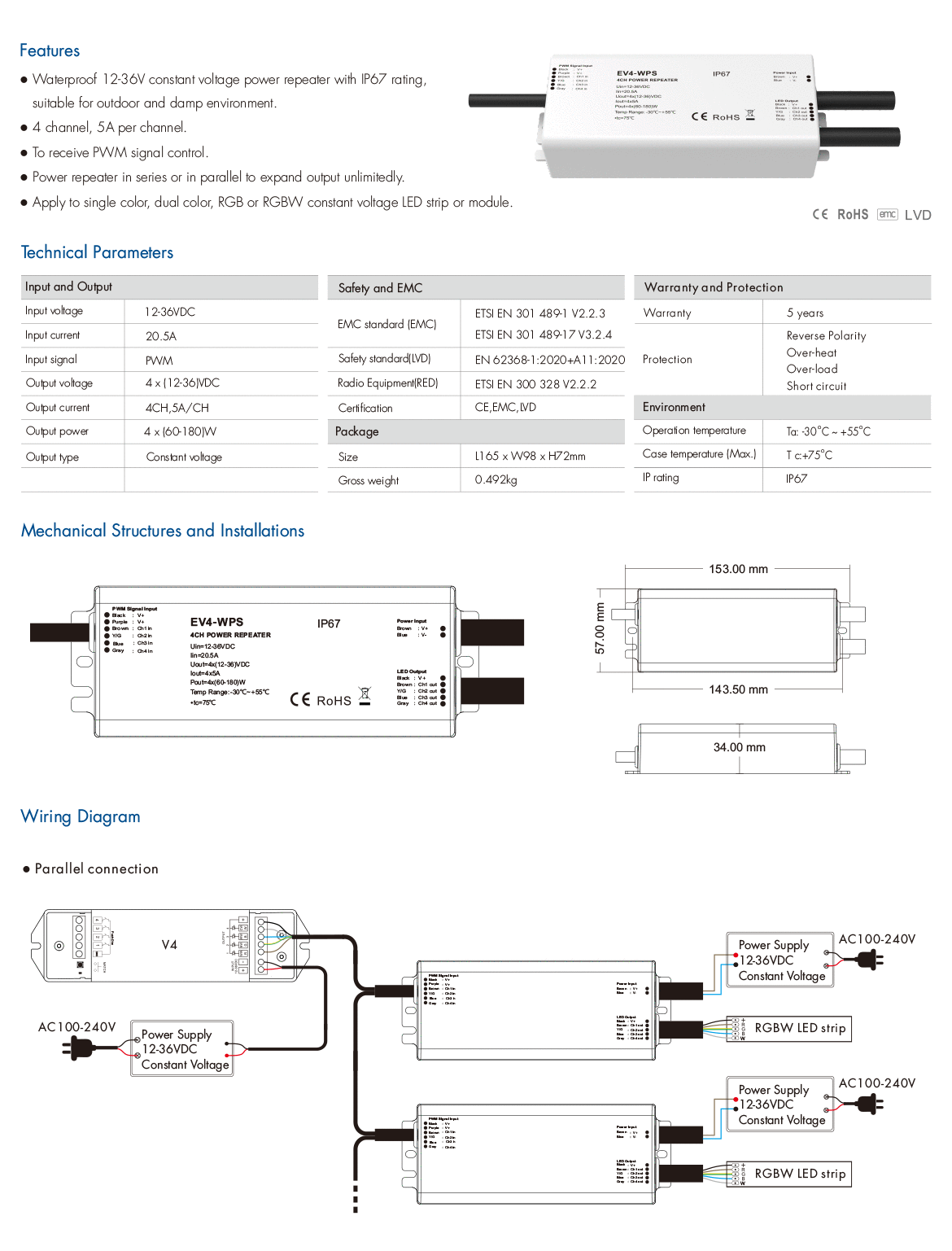 4CH*3A 12-36VDC CV IP67 Waterproof Power Repeater EV4-WPS