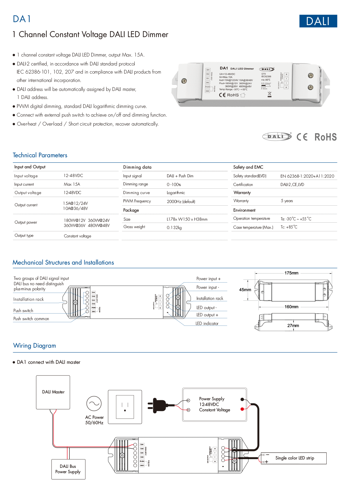 1CH*15A 12-24VDC CV DALI Dimmer DA1