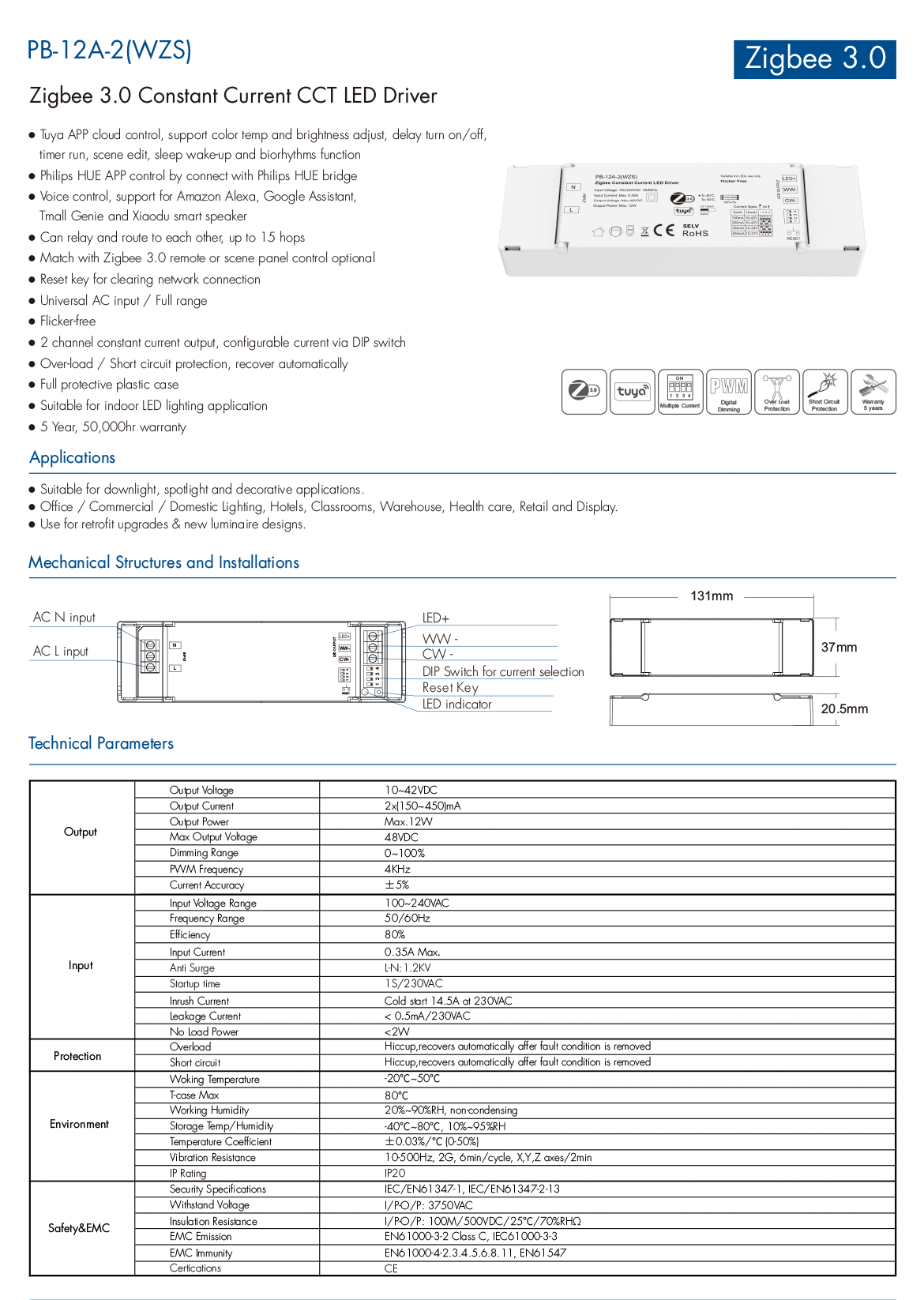 10-42VDC 2CH*(150-450mA) 12W Zigbee Constant Current CCT LED Driver PB-12A-2(WZS)