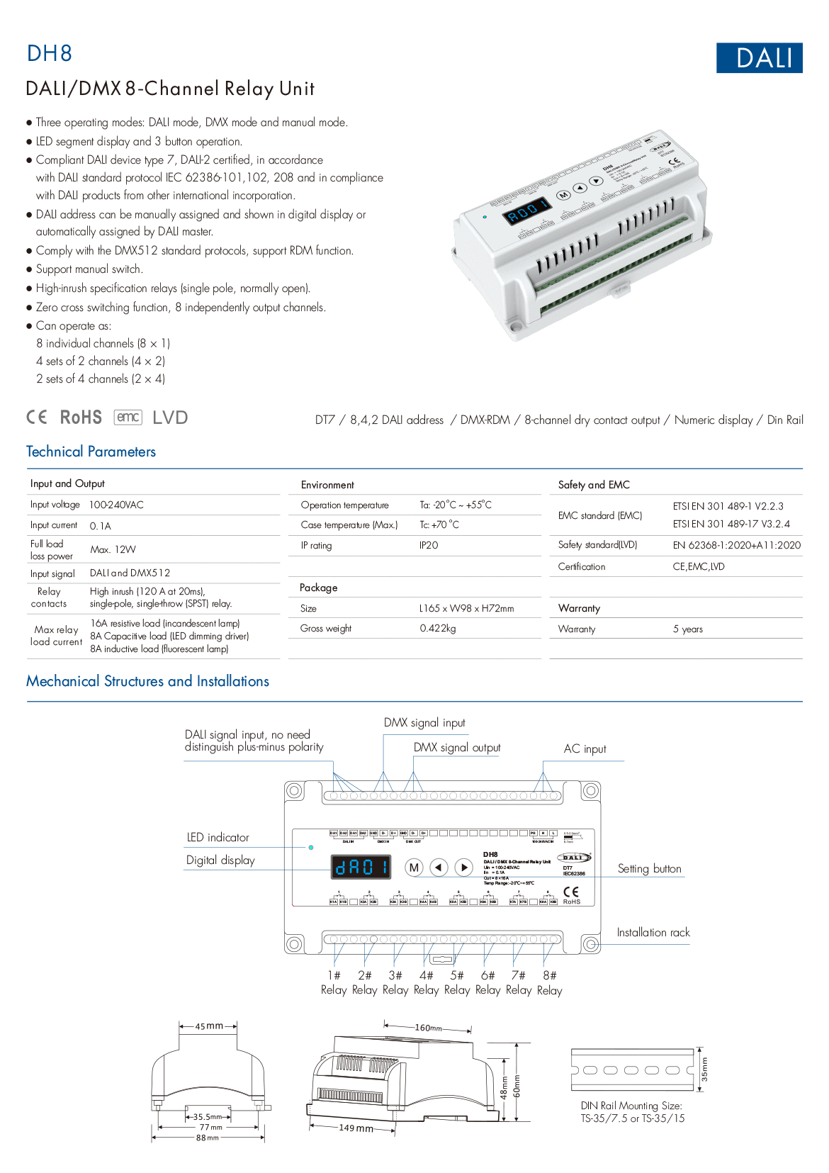 100-240VAC 8CH*16A DALI/DMX 8-Channel Relay Unit DH8(DT7)