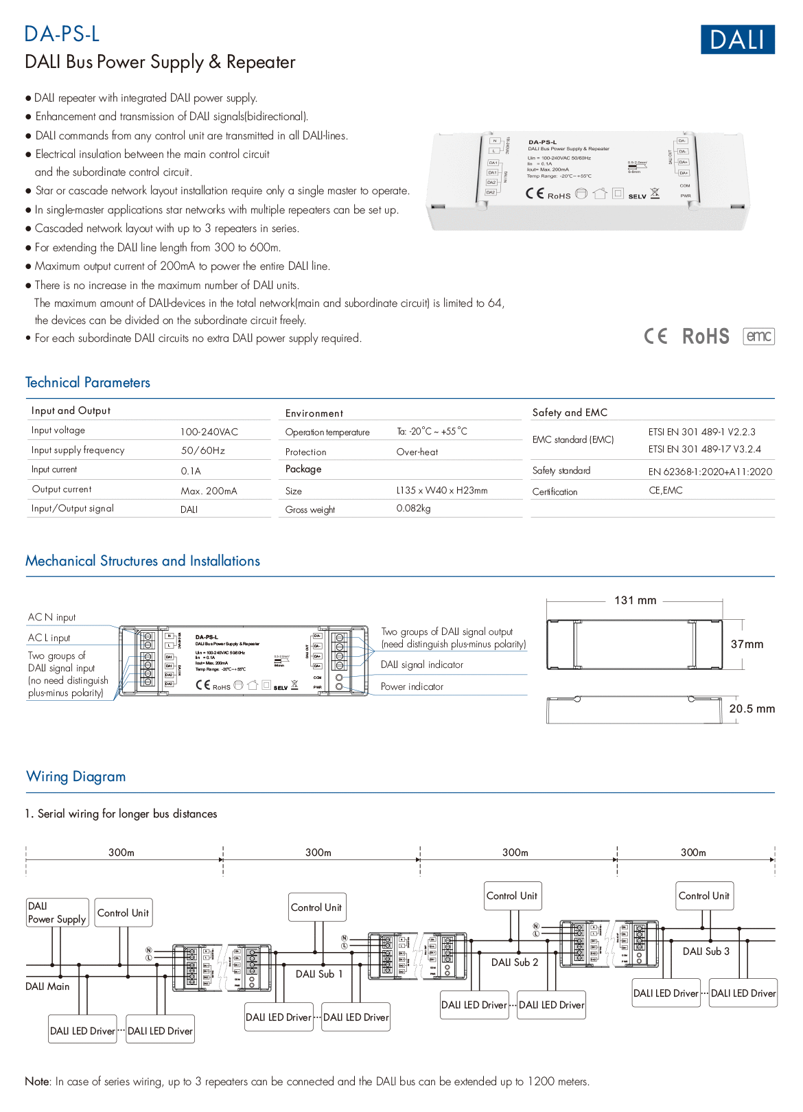100-240VAC 200mA DALI Bus Power Supply & Repeater DA-PS-L