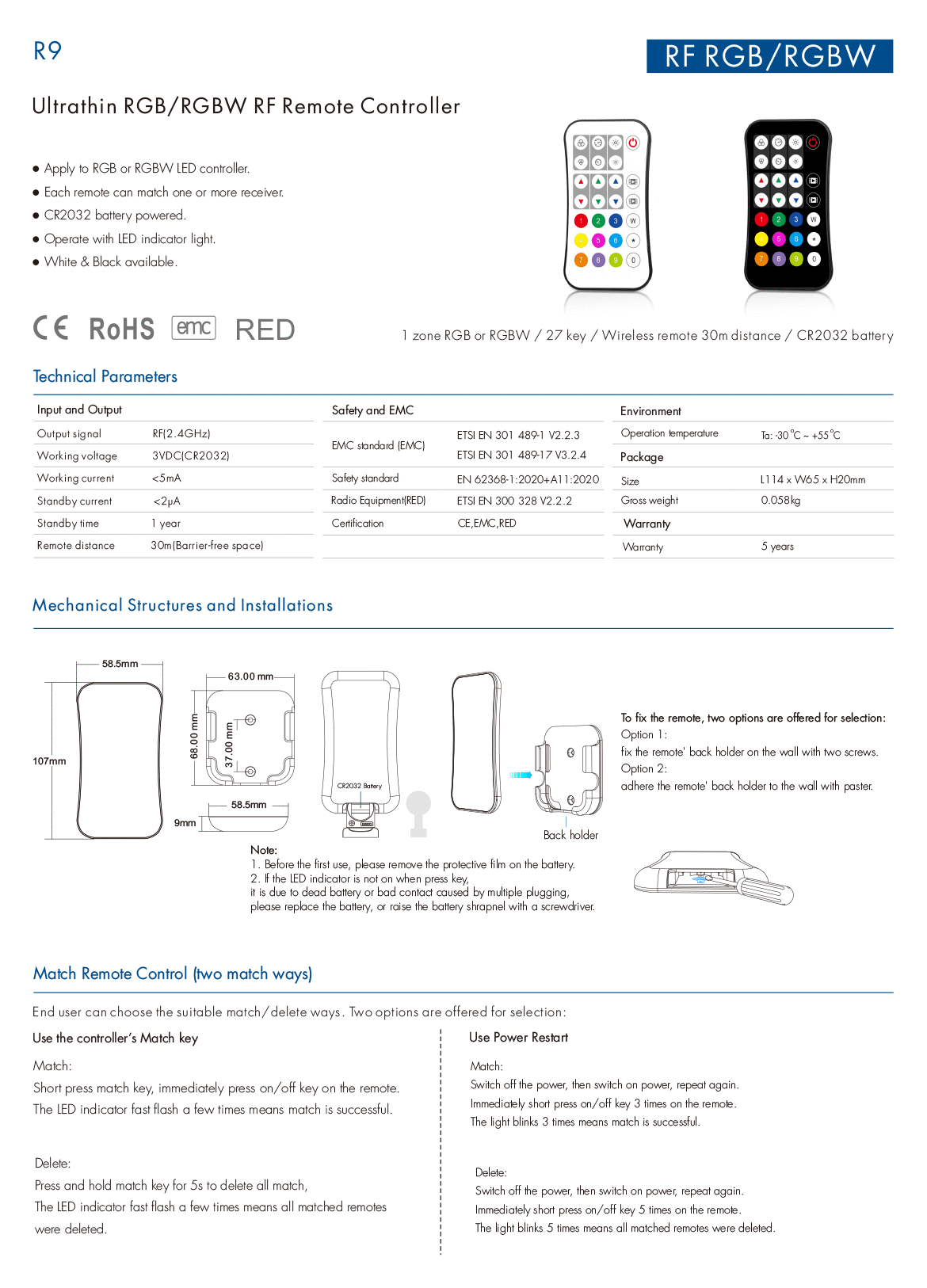 1 Zone RF 2.4G LED RGB/RGBW/SPI Remote Model:R9