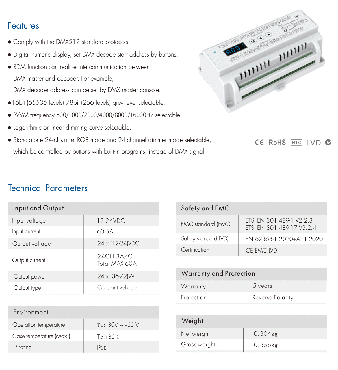 24 Channel Constant Voltage DMX512 Decoder Model:D24