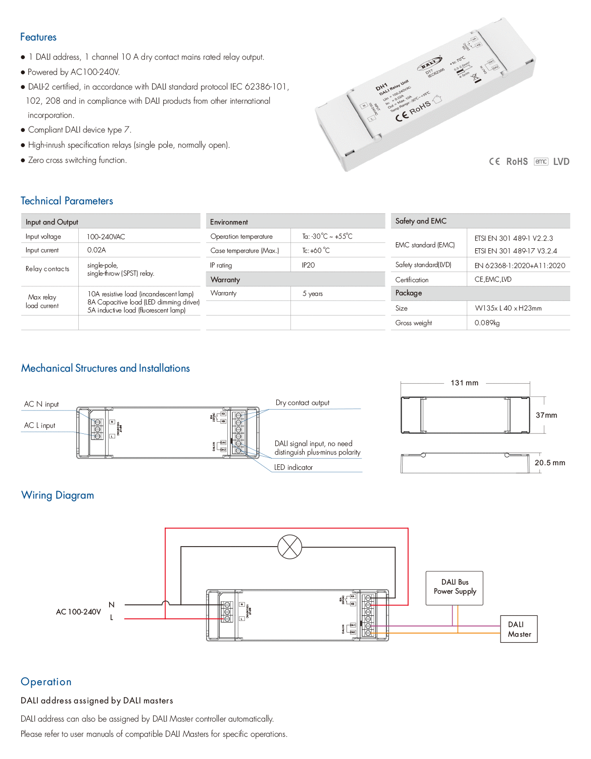 100-240VAC 1CH*10A DALI AC Relay Unit DH1 (DT7)