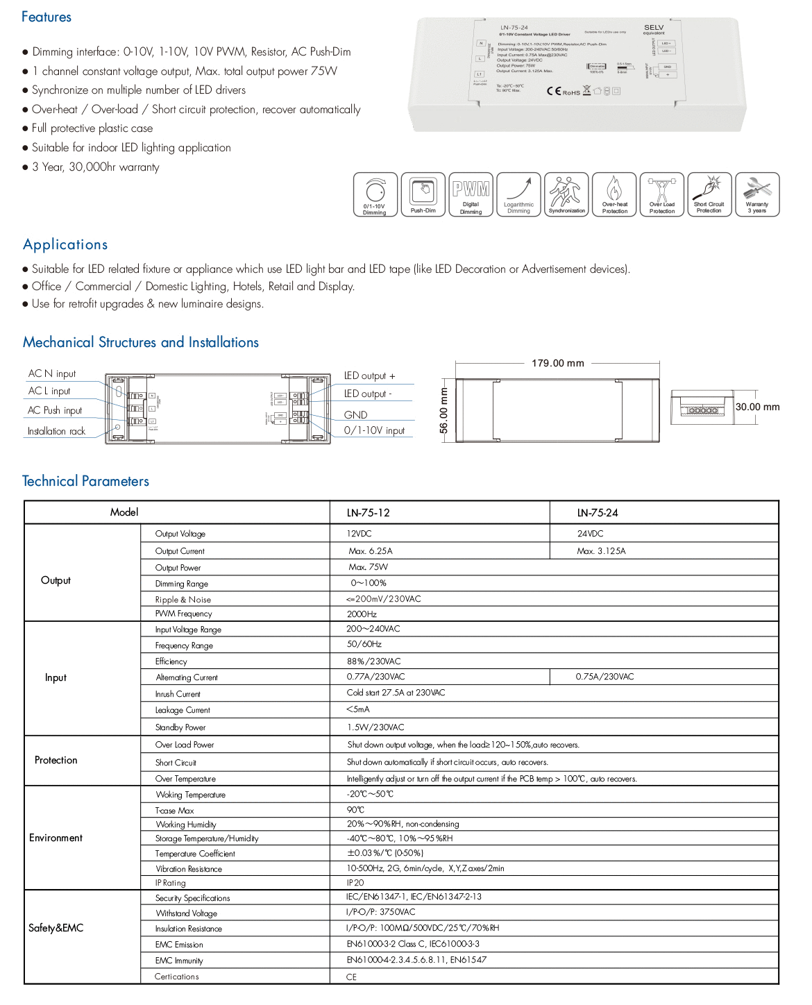 75W 24VDC CV 0/1-10V& switchDim LED Driver LN-75-24
