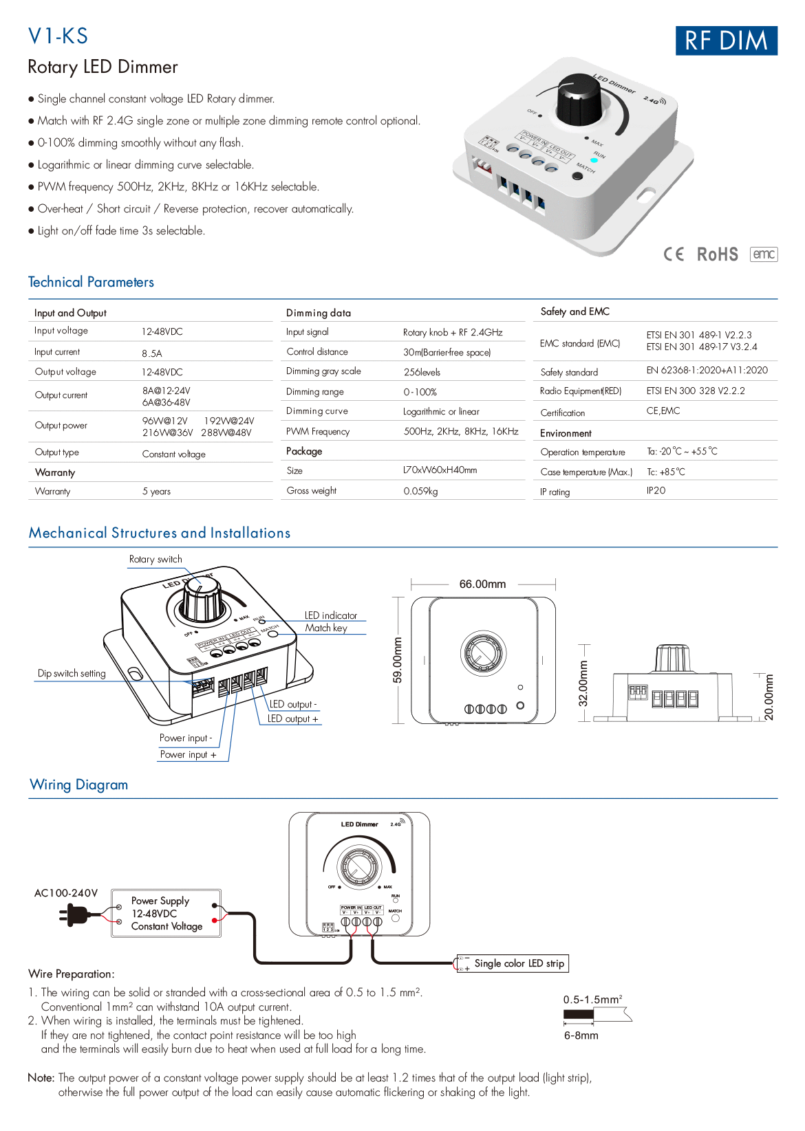 1CH*8.5A 12-48VDC Rotary LED Dimmer V1-KS