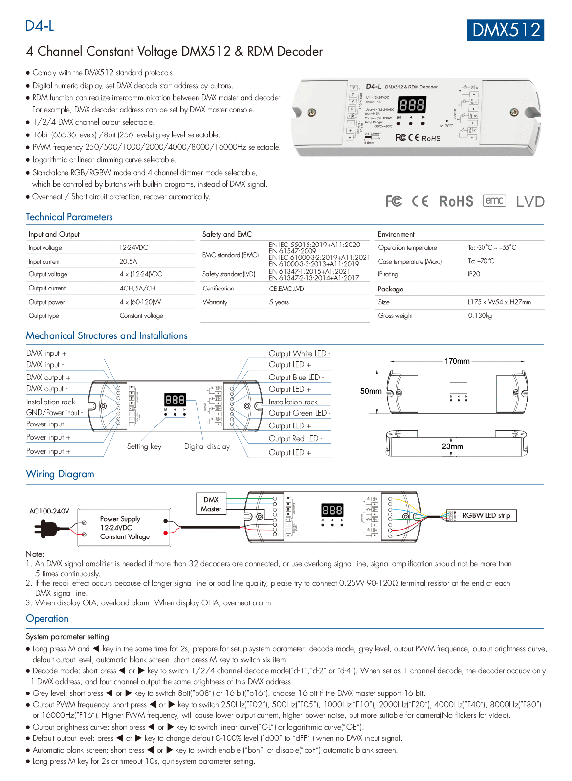 4CH Constant Voltage DMX512 & RDM Decoder Model:D4-L