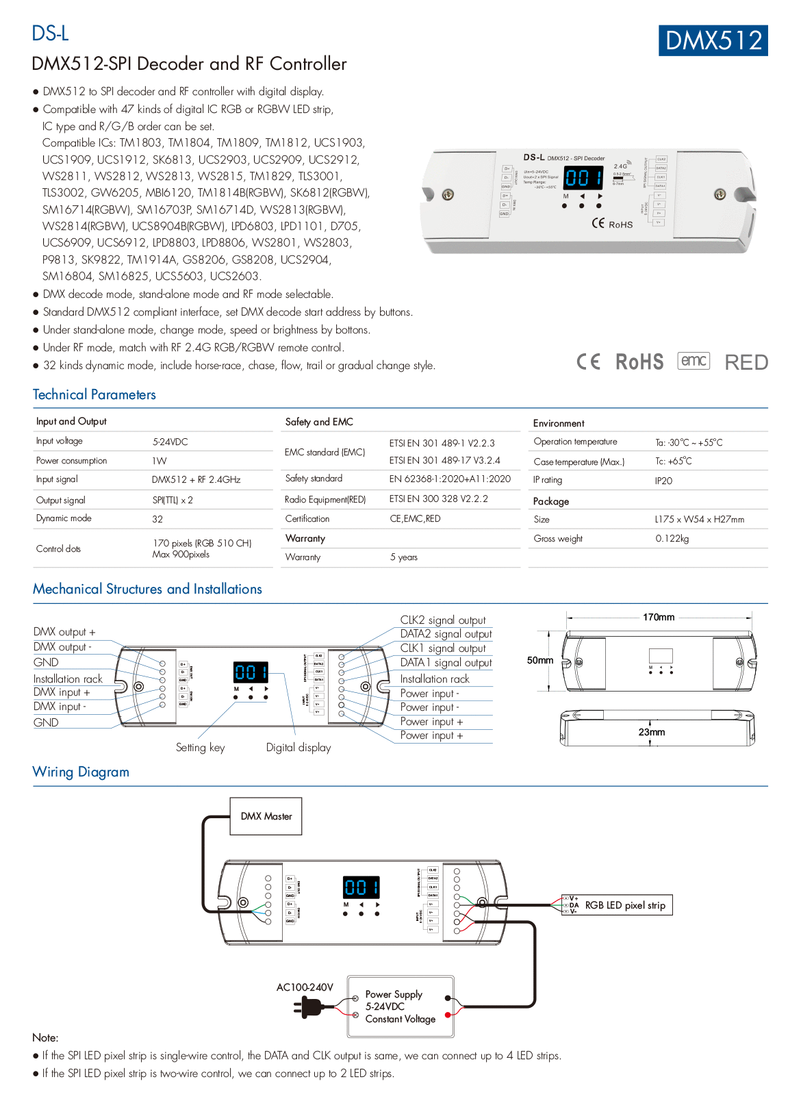 1024 dots DMX512-SPI Decoder (with RF) DS-L