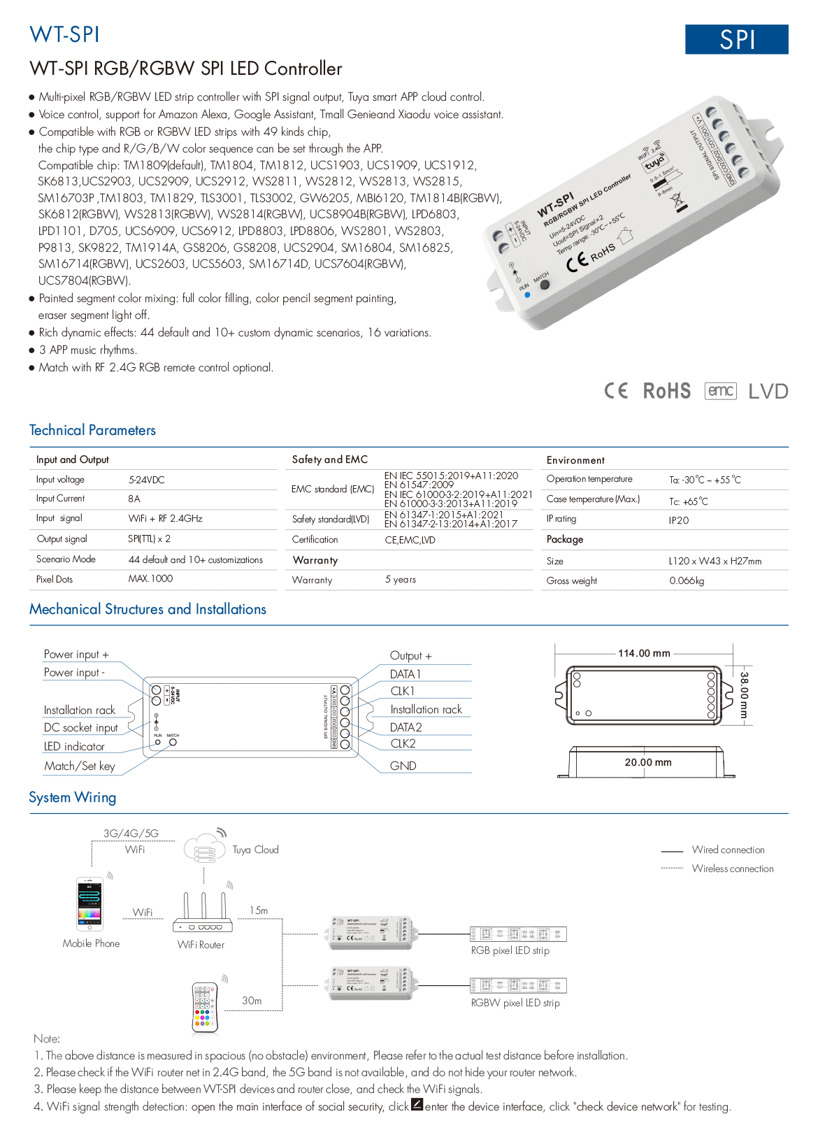 5-24VDC WiFi & RF RGB/RGBW SPI LED Controller WT-SPI (Tuya App)